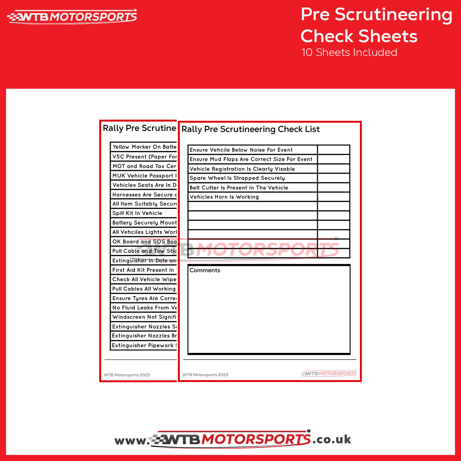 Rallying Pre Scrutineering Checklists/Check Sheets x10 A4