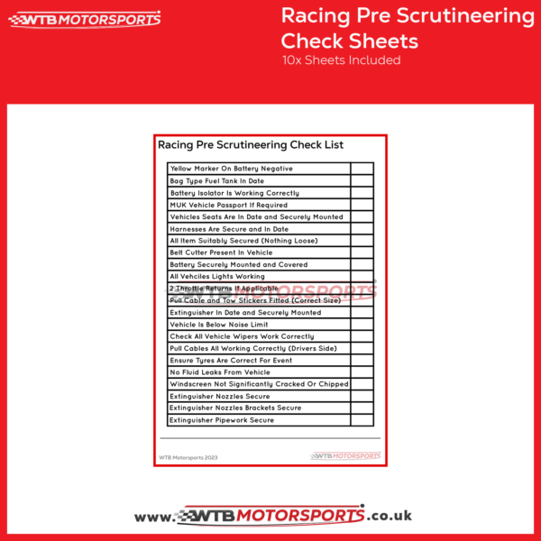 Racing/Motorsports Pre Scrutineering Check Lists/Sheets x10 A4