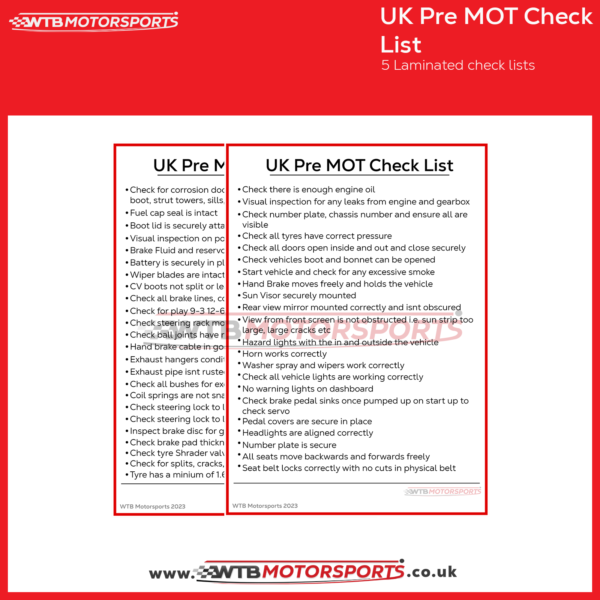 Uk Pre MOT Check Sheet/List Annual Inspection - WTB Motorsports